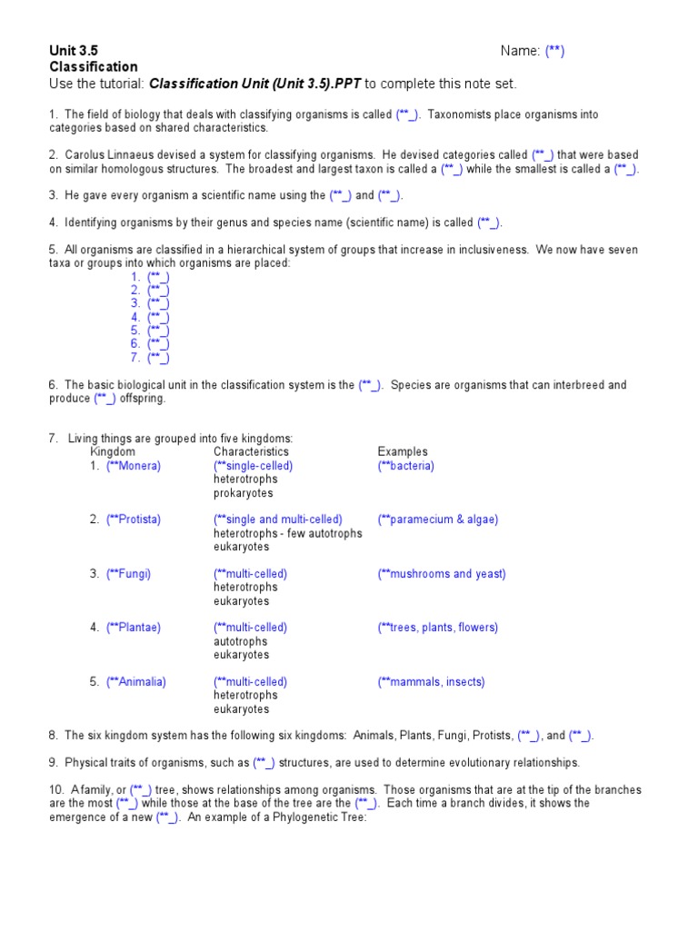 Classification Unit Notes Worksheet (Unit 3.5) | Taxonomy (Biology ...