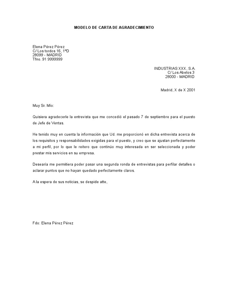 Modelo de Carta de Agradecimiento | PDF