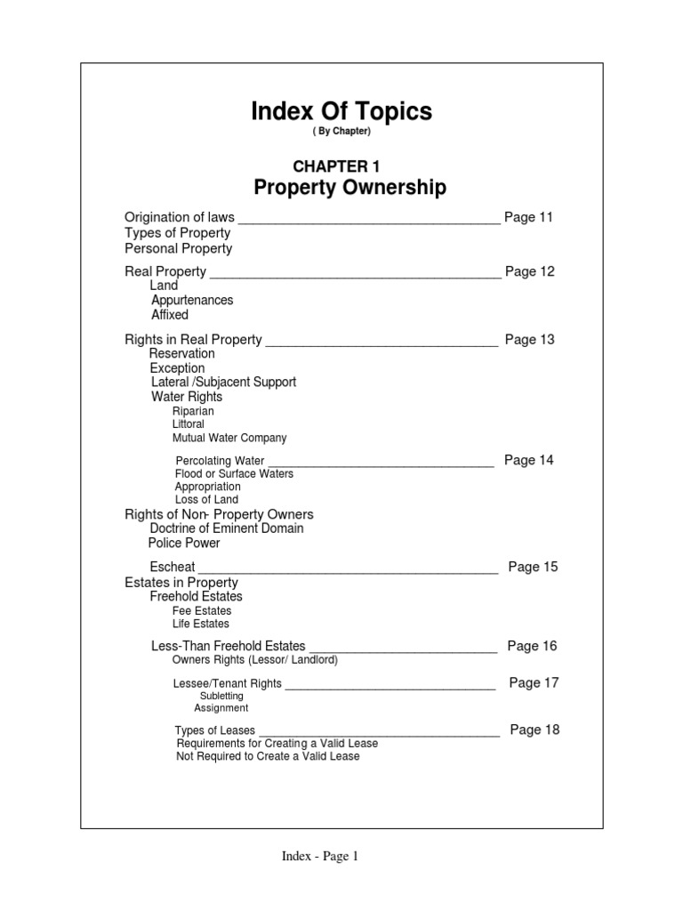 Index of Topics: Property Ownership | PDF | Lease | Real Estate Appraisal