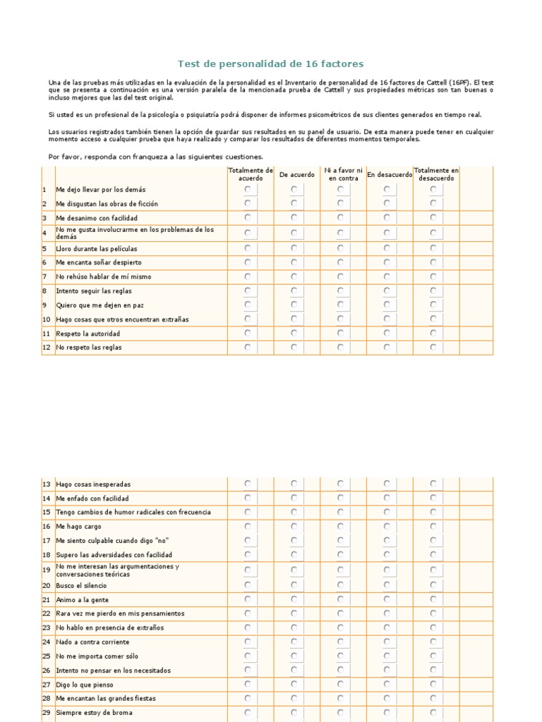 Test de Personalidad de 16 Factores | PDF | Metafísica de la mente ...