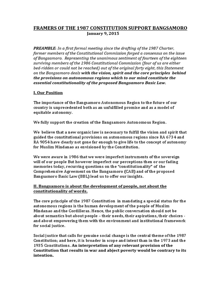 Framers of The 1987 Constitution Support Bangsamoro | PDF