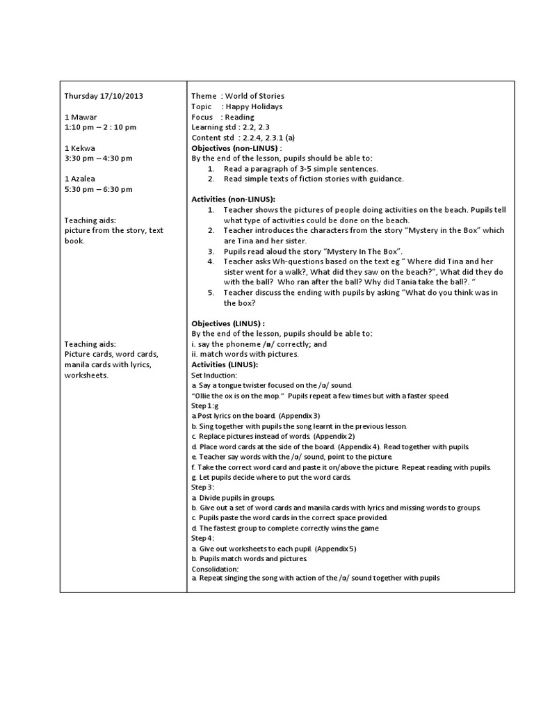 Sample Lesson Plan Year 1 KSSR Happy Holidays | PDF | Lesson Plan | Writing