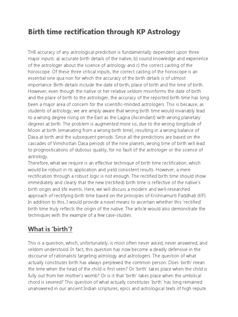 Birth Time Rectification Through KP Astrology1 | PDF | Horoscope | Astrology