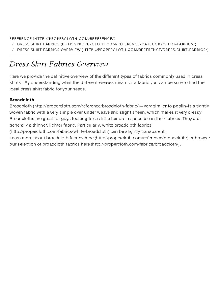 Dress Shirt Fabrics, Shirting Fabrics - Proper Cloth Reference | PDF ...