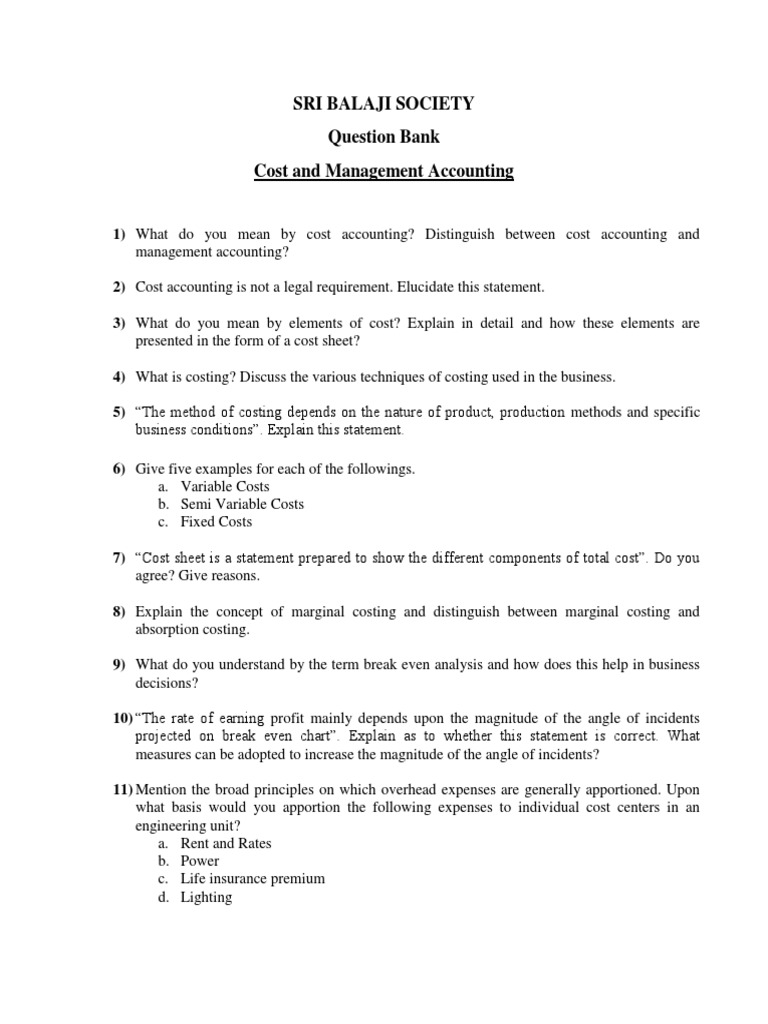 Sample Paper Cost & Management Accounting Question Bank | PDF | Cost ...
