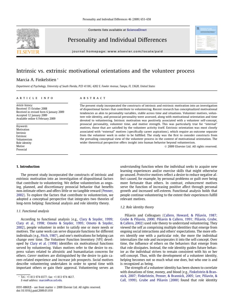 Intrinsic Vs Extrinsic Motivational Orientations And The Volunteer