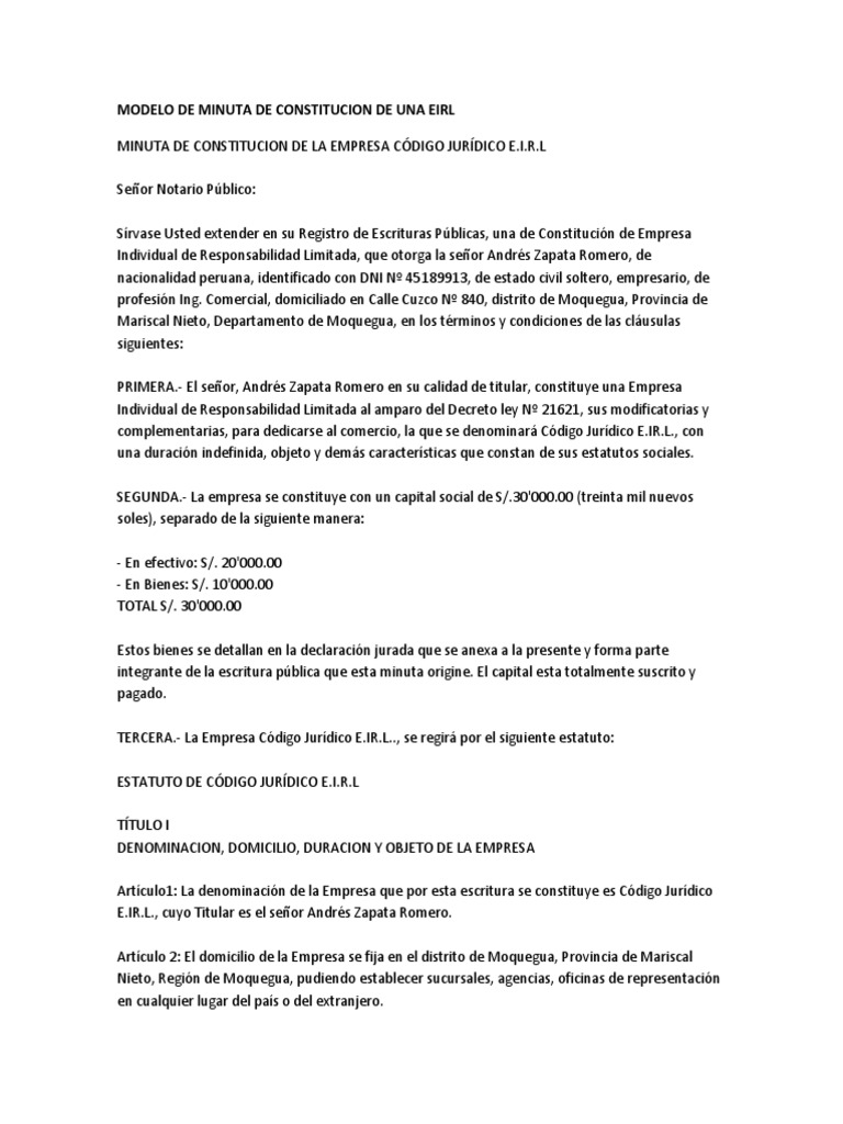 Modelo de Minuta de Constitucion de Una Eirl | PDF | Beneficio (economía) | Cheque