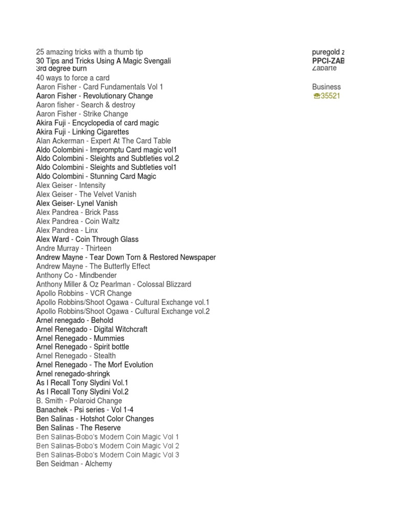 Magic List | PDF | Magic (Illusion) | Sports And Entertainment Skills