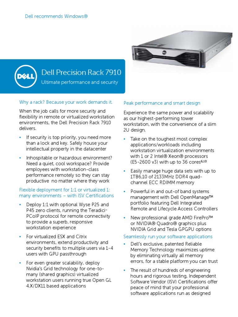 Dell Precision Rack 7910 Spec Sheet | Dell | Unidad de estado sólido