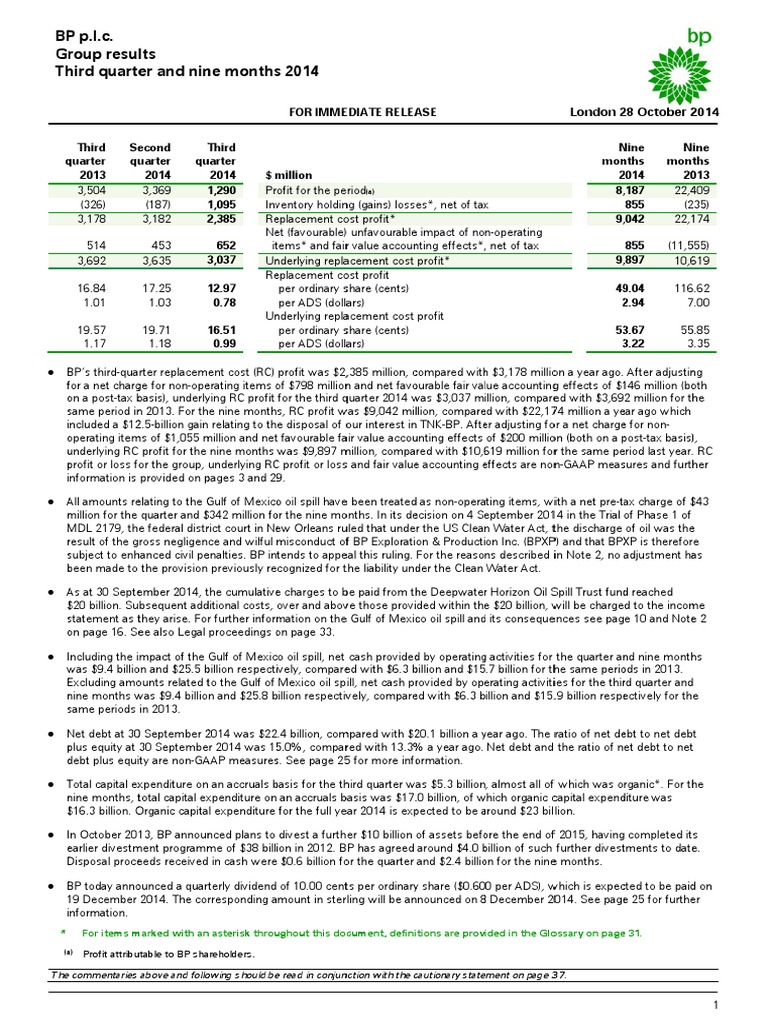 BP Third Quarter 2014 Results | PDF | International Financial Reporting ...