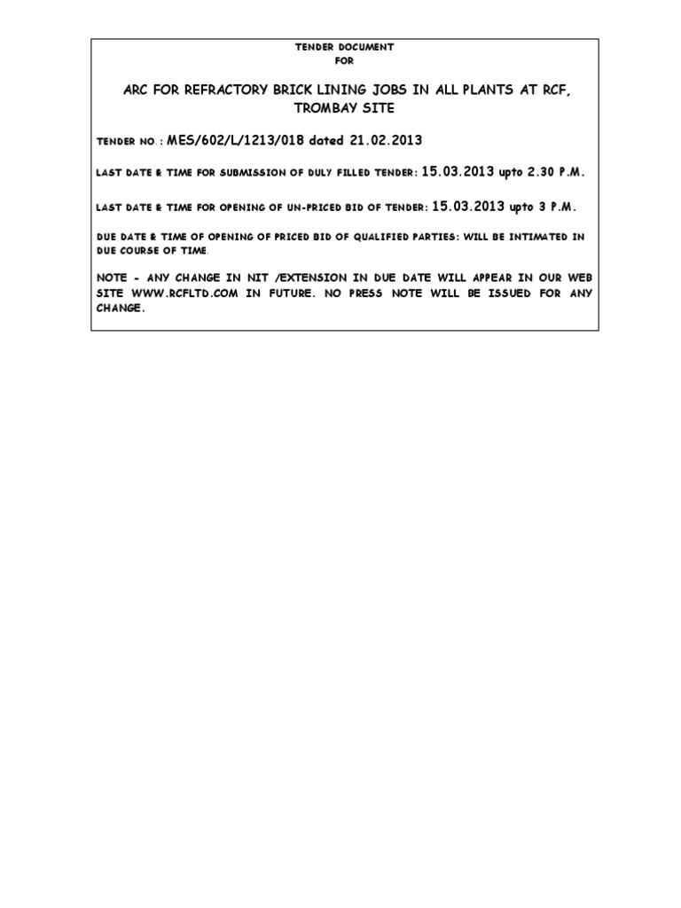 Arc For Refractory Brick Lining Jobs in All Plants at RCF, Trombay Site ...