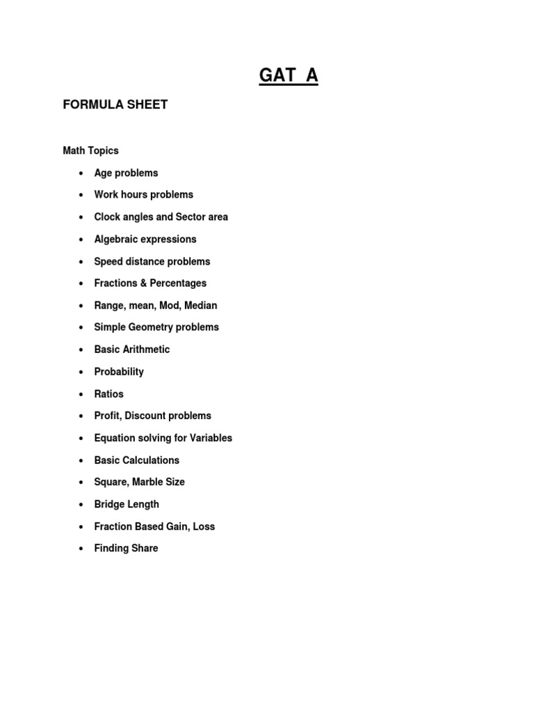 Gat A: Formula Sheet | PDF