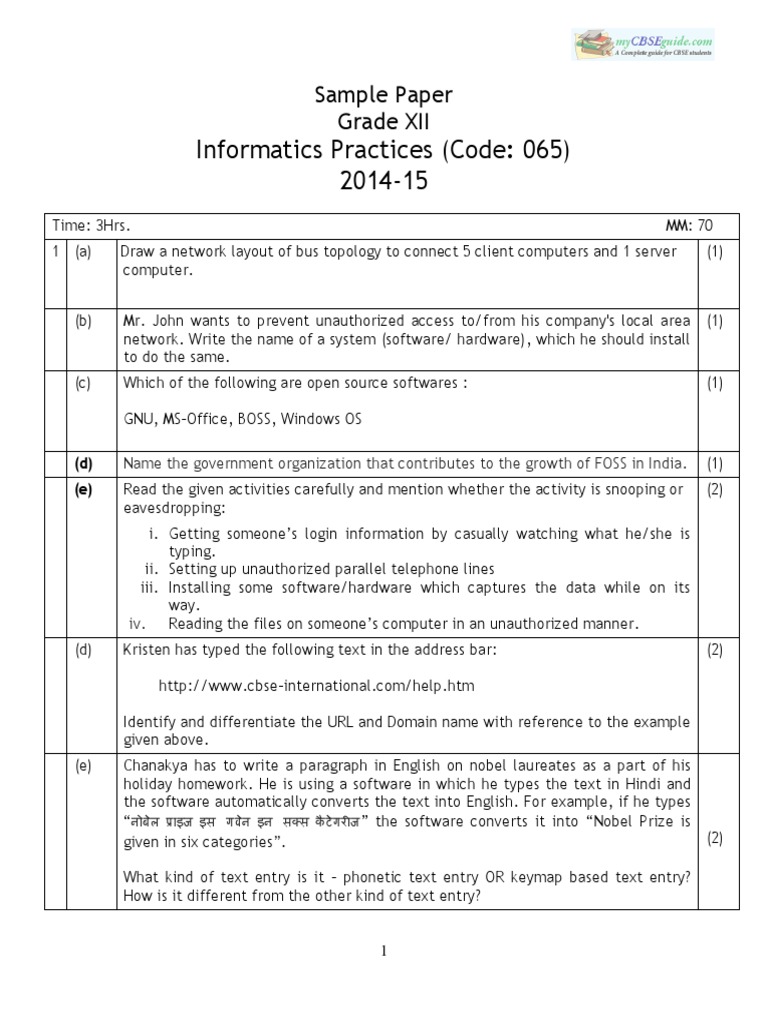 Informatics Practices (Code: 065) 2014-15: Sample Paper Grade XII | PDF ...
