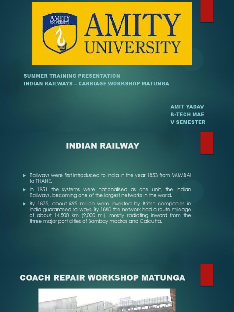 Summer Training Presentation Indian Railways - Carriage Workshop Matunga | PDF | Tire | Brake