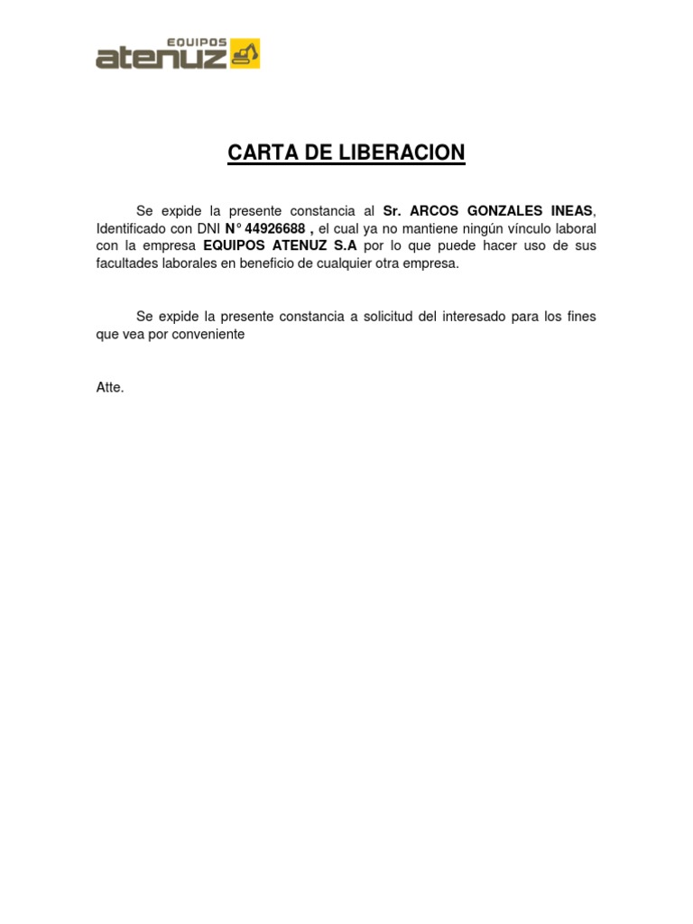 Carta De Liberacion