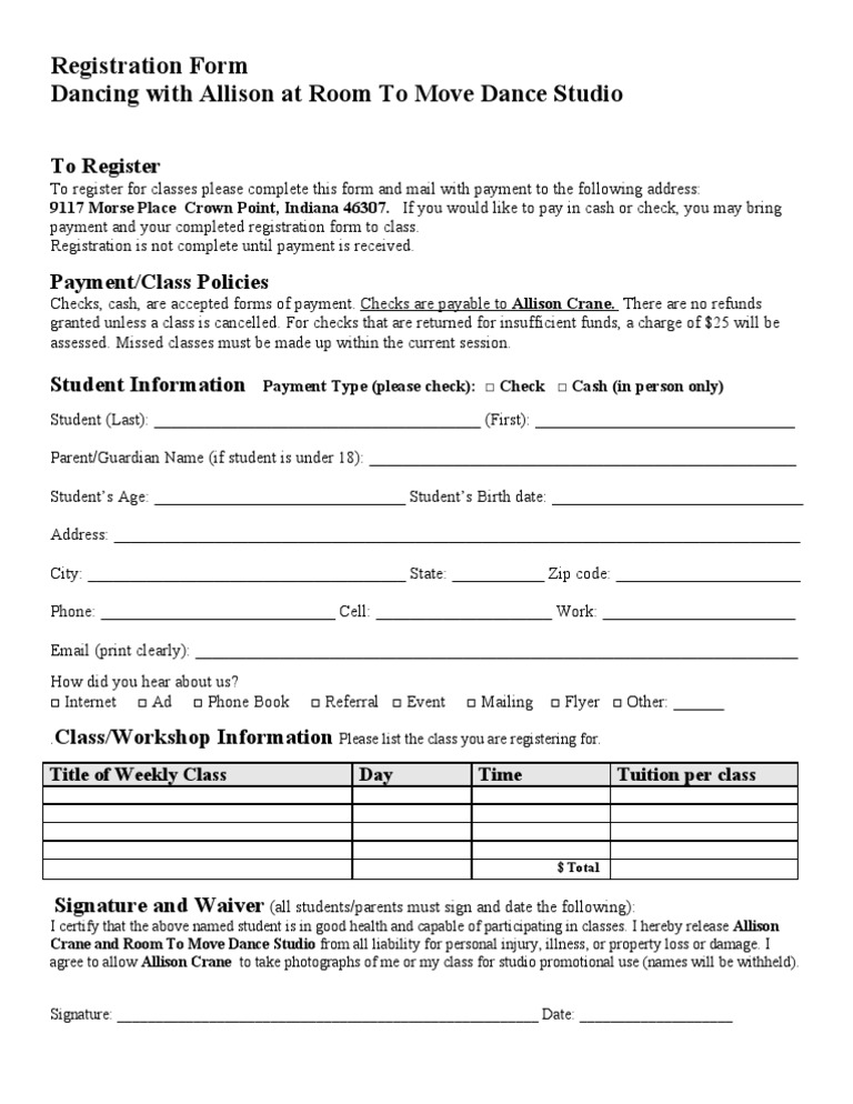 Dance Registration Form PDF | PDF