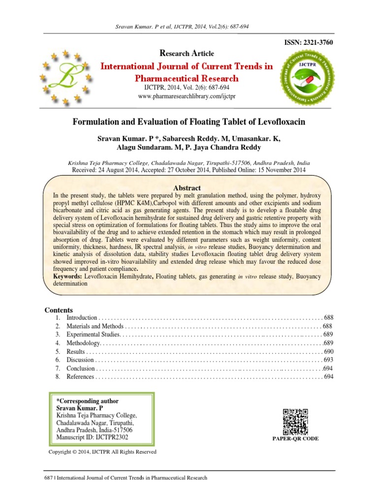Formulation and Evaluation of Floating Tablet of Levofloxacin | PDF ...