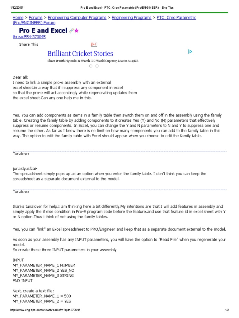 Pro E and Excel - PTC - Creo Parametric (Pro - ENGINEER) - Eng-Tips ...