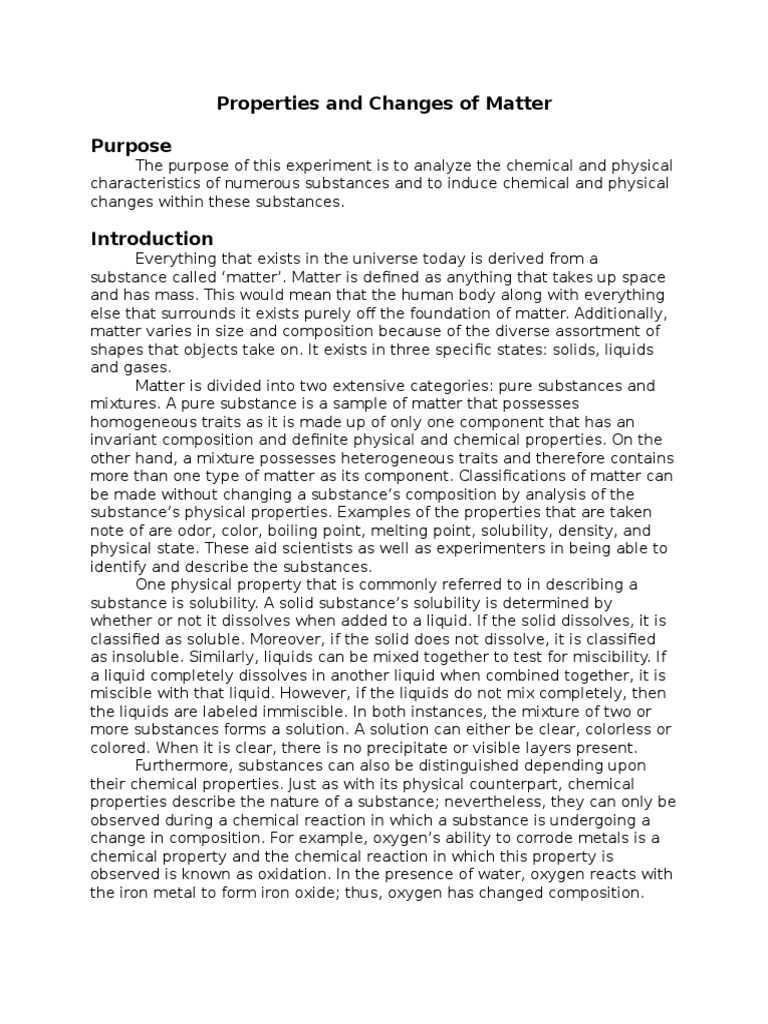 Properties and Changes of Matter Experiment | PDF | Chemical Substances ...