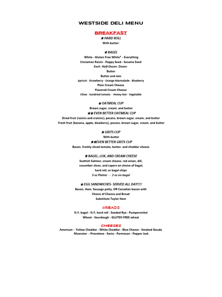Westside Deli Menu | PDF | Sausage | Salad