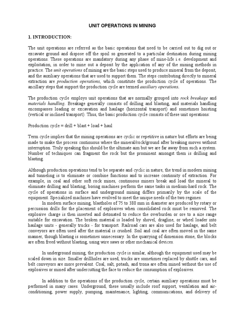 Unit Operations in Mining | PDF | Drilling | Drill