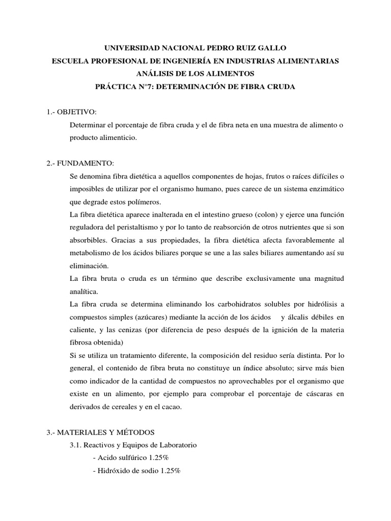 Determinación de Fibra Cruda en Alimentos | PDF | Cocina, comidas y ...