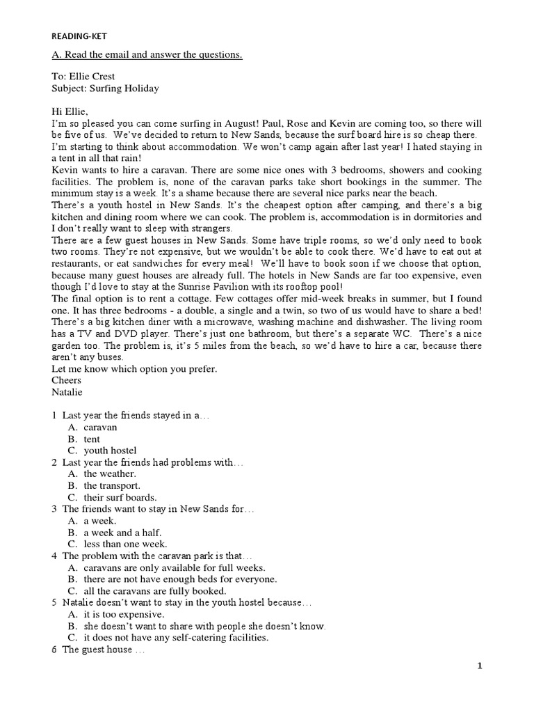 Ket Reading | PDF | Lunch | Hostel