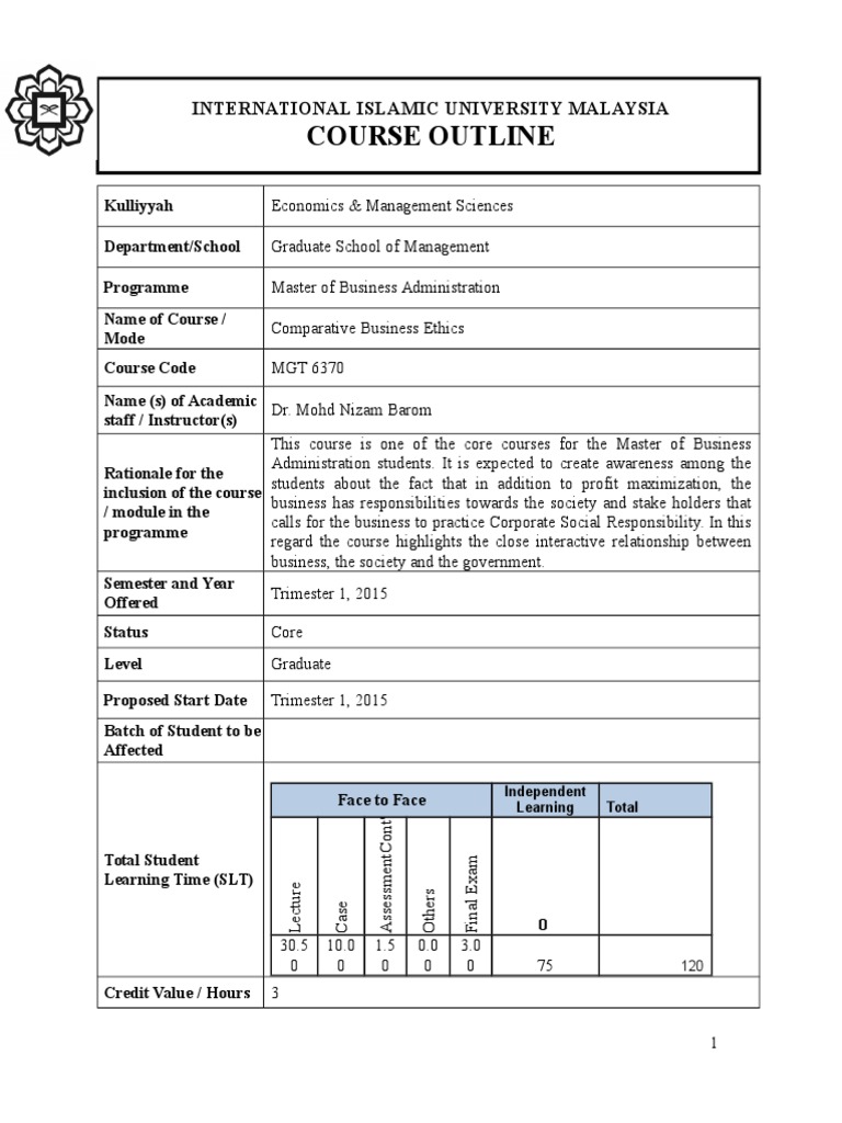 MBA Course Outlines Comparative Business Ethics | PDF | Corporate ...