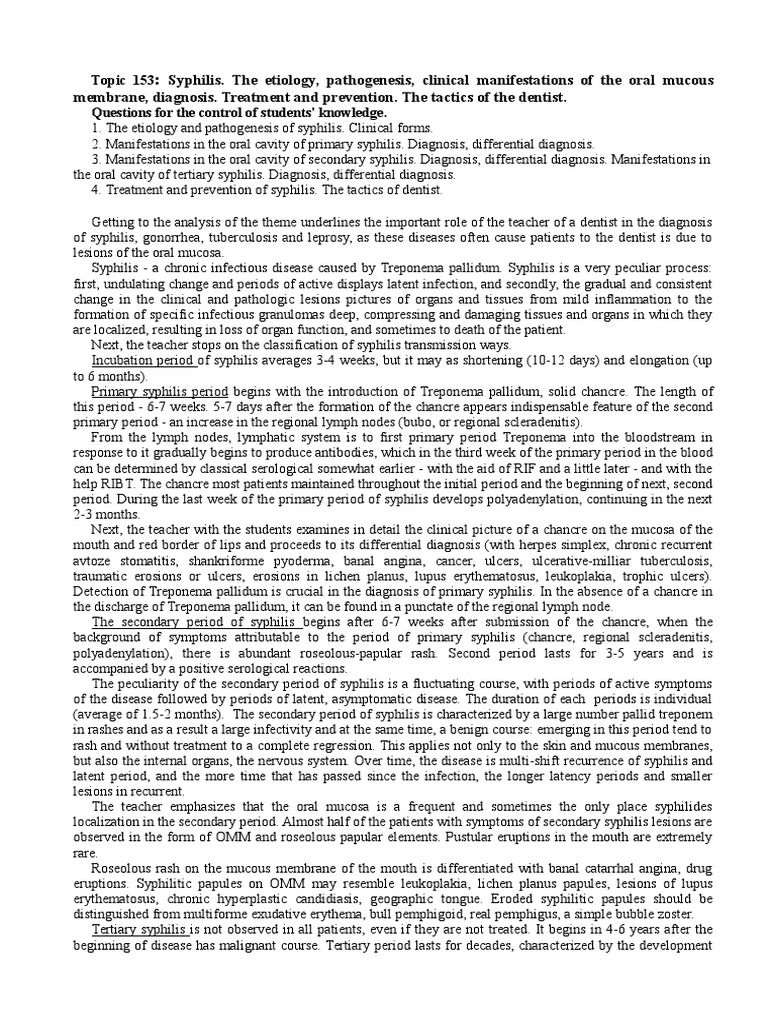 Syphilis of the Oral Mucosa: Etiology, Pathogenesis, Clinical ...