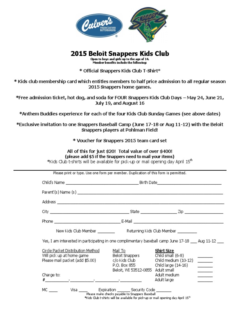 Beloit Snappers Kids Club Membership 2015 | PDF | Cooking, Food & Wine