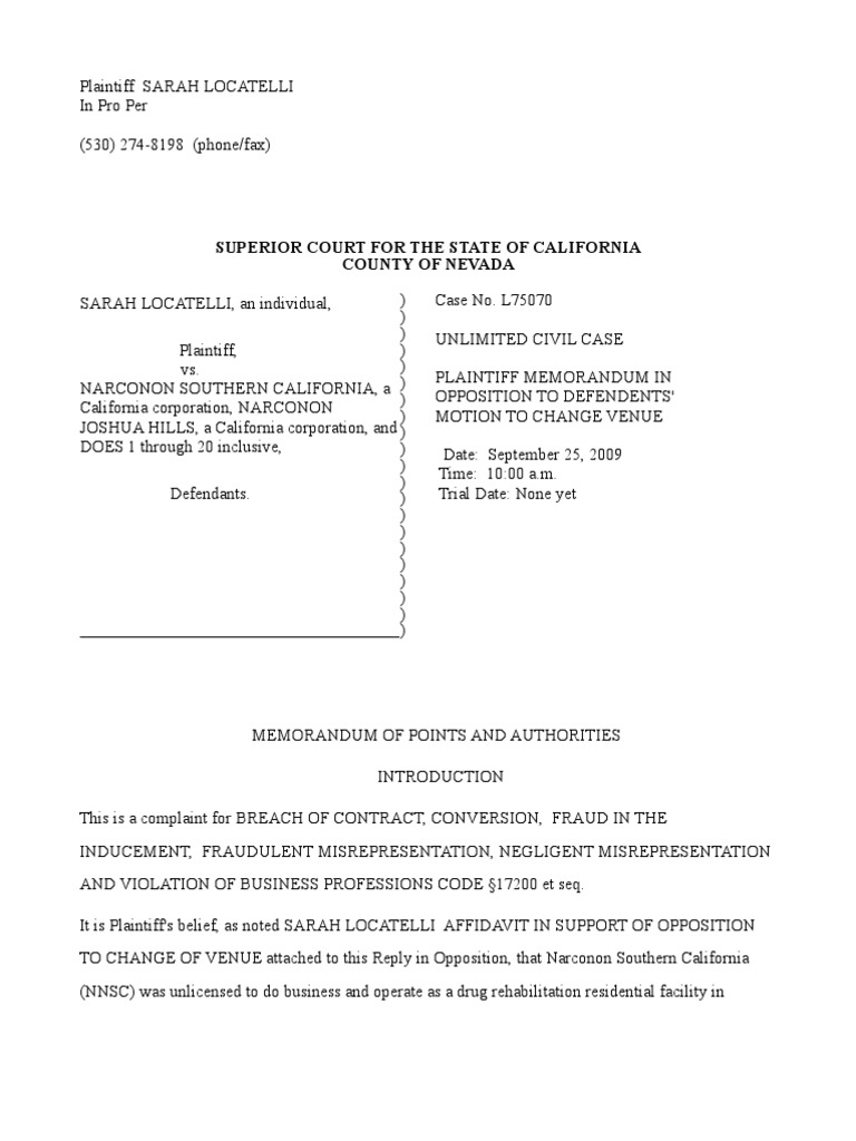 Plaintiff's Venue Motion Opposition/ Memorandum of Points and ...