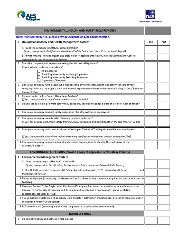 Aes Ehs Questionaire1 | PDF | Occupational Safety And Health | Safety