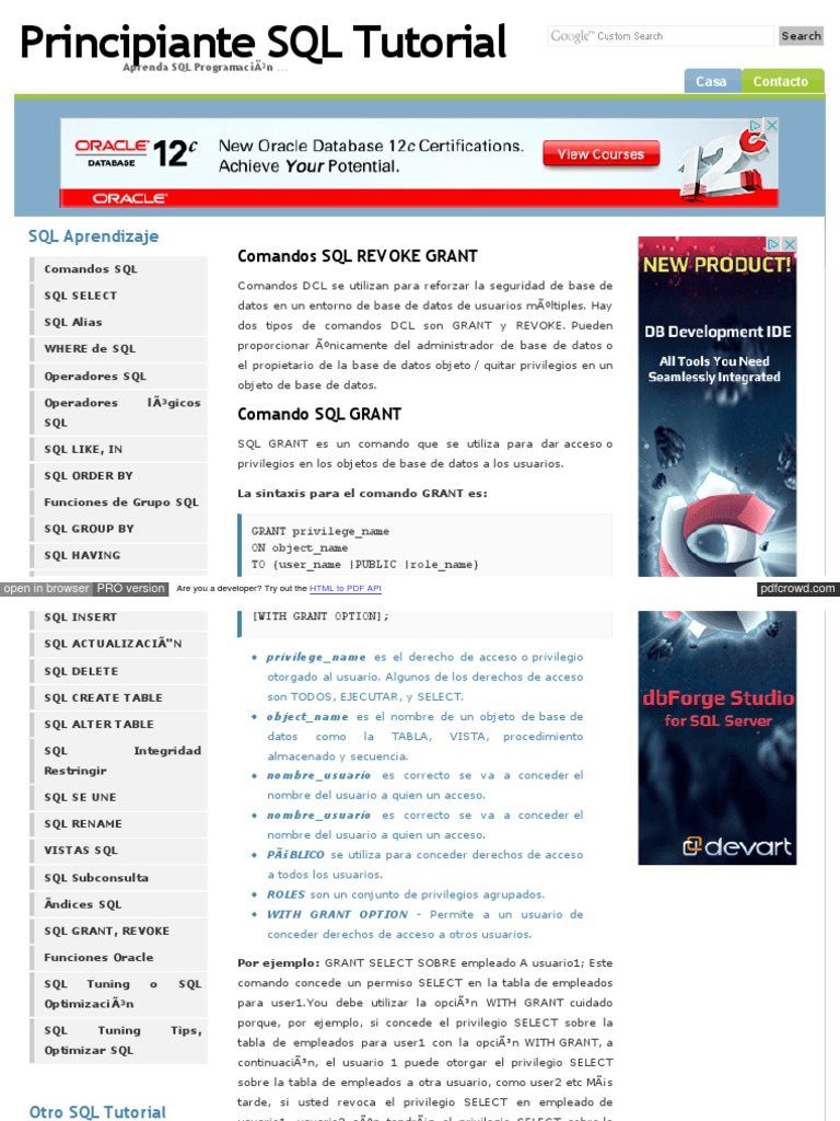 Beginner SQL Tutorial Com Es SQL Grant Revoke Privileges Rol | PDF ...