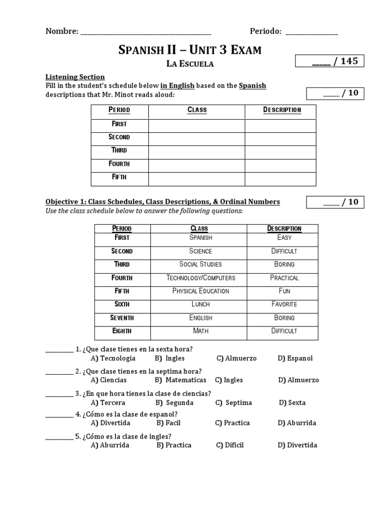Spanish II Unit 3 Exam: School Topics | PDF | Grammatical Conjugation ...