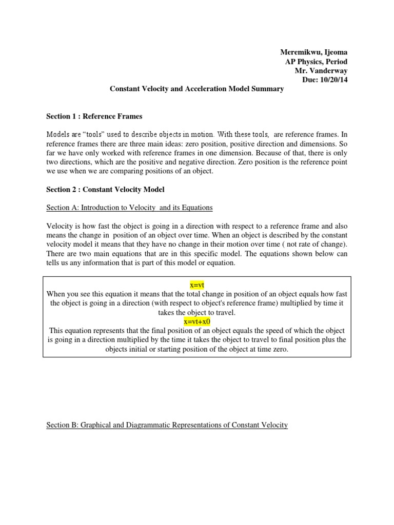 Constant Velocity and Acceleration Summary | PDF | Velocity | Acceleration