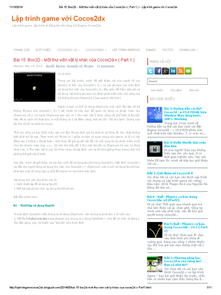Bài 15 - Box2D - Một thư viện vật lý khác của Cocos2d-x (Part 1) ~ Lập trình game với Cocos2dx | PDF