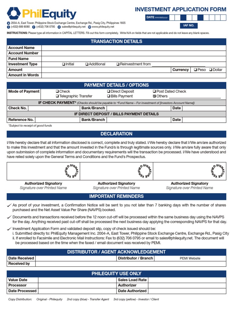 PEMI - Investment Application Form (IAF) | PDF | Cheque | Investing