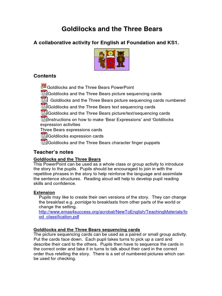 Goldilocks and Three Bear Collaborative Activity | PDF