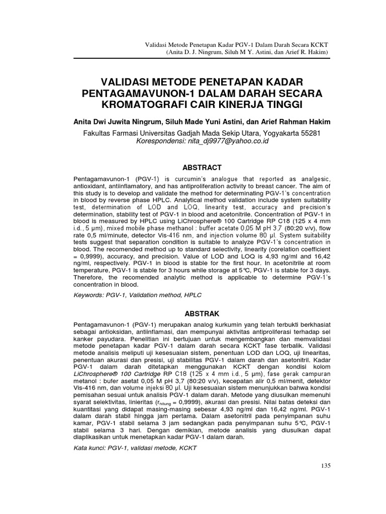 Validasi Metode Penetapan Kadar PGV-1 DLM Darah Secara KCKT | PDF