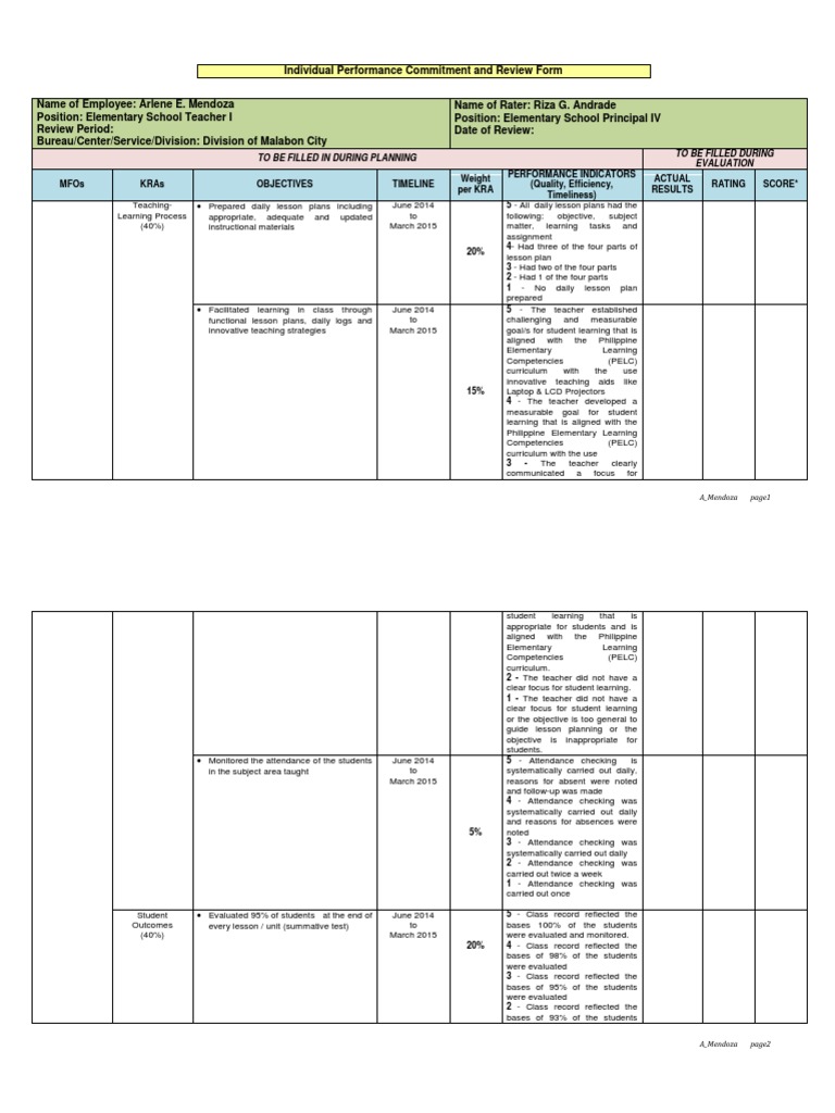 Individual Performance Commitment and Review Form Sample | Download Free PDF | Lesson Plan ...