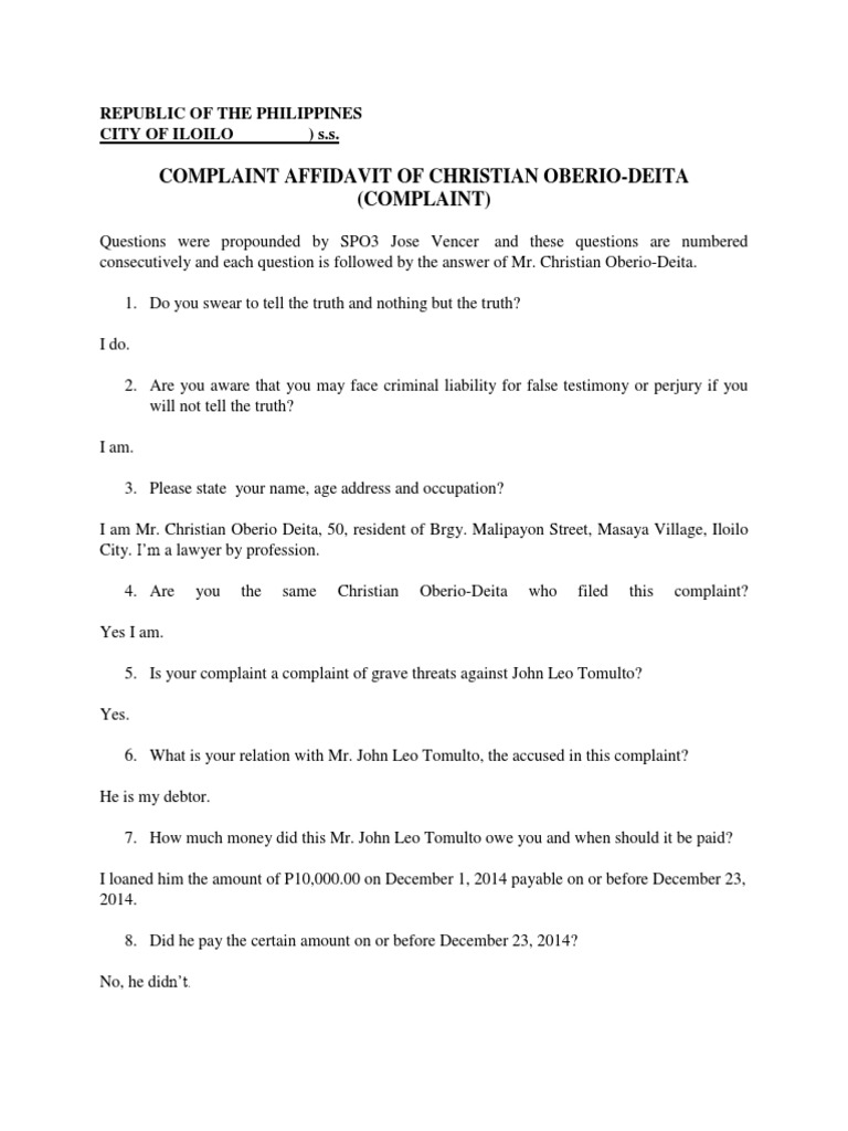 Sample Complaint-Affidavit | Affidavit | Misconduct