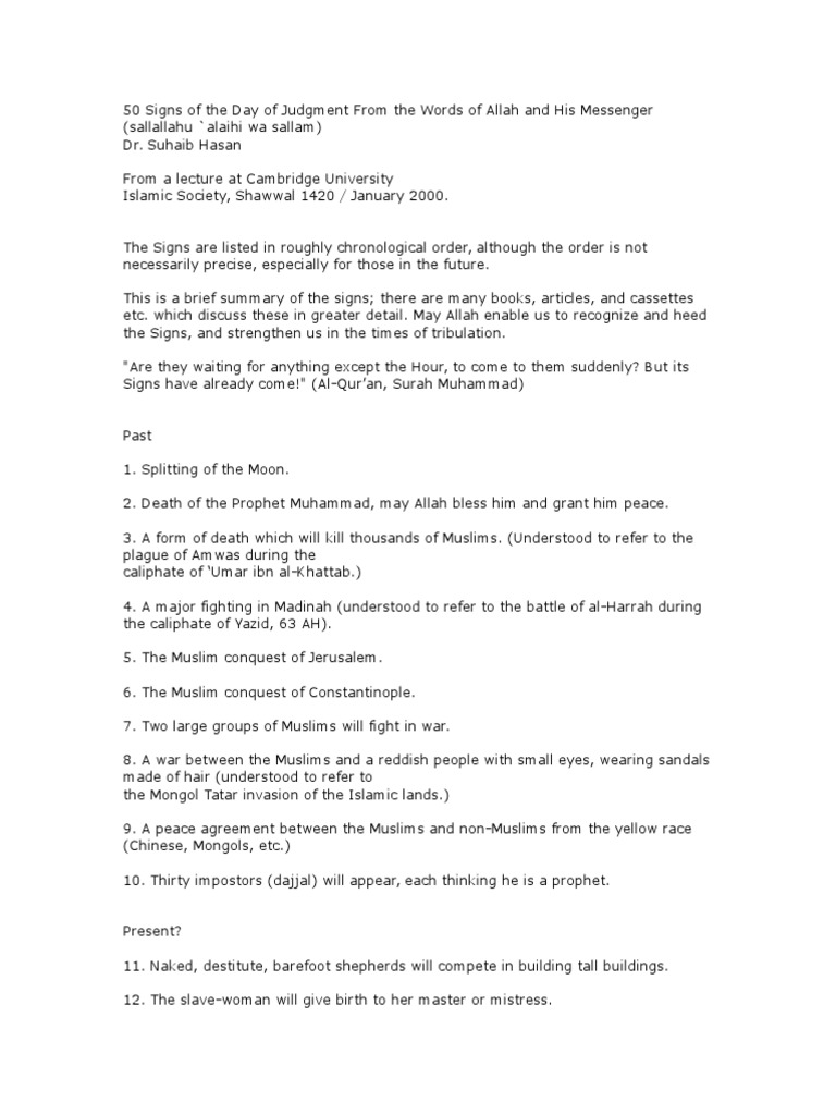 50 Signs of The Day of Judgment | PDF | Muhammad | Monotheistic Religions
