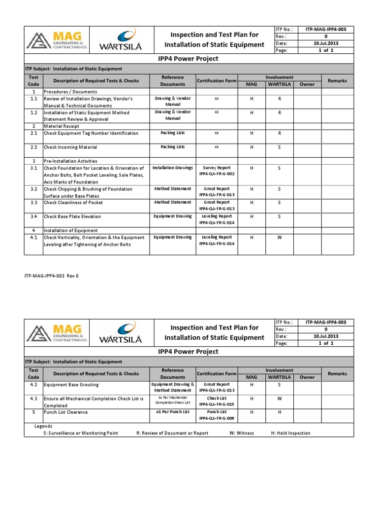 Static Equipment Installation ITP Guide | PDF