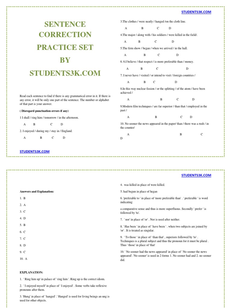Sentence Correction Practice Set BY: (Disregard Punctuation Errors If ...