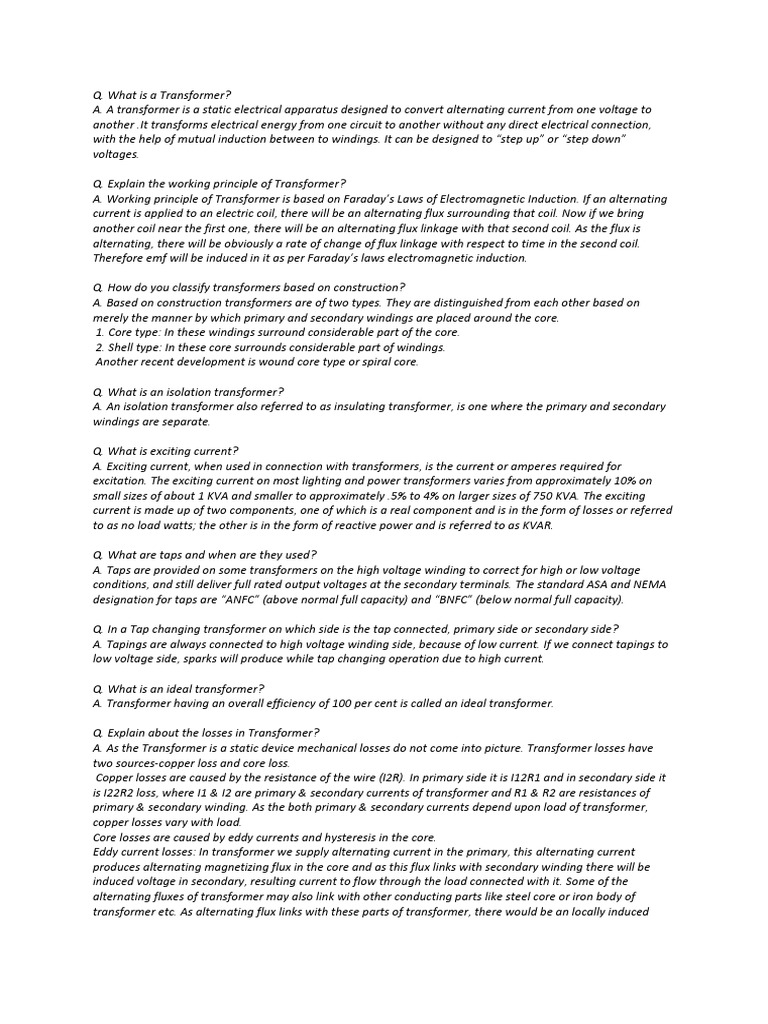 Transformer Interview Questions | PDF | Transformer | Inductor