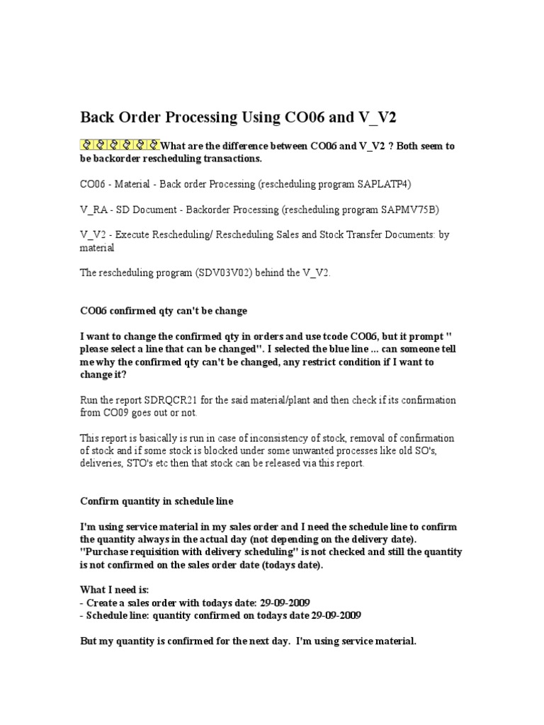 Back Order Processing in SAP CO06 & V_V2 | PDF | Invoice | Subroutine