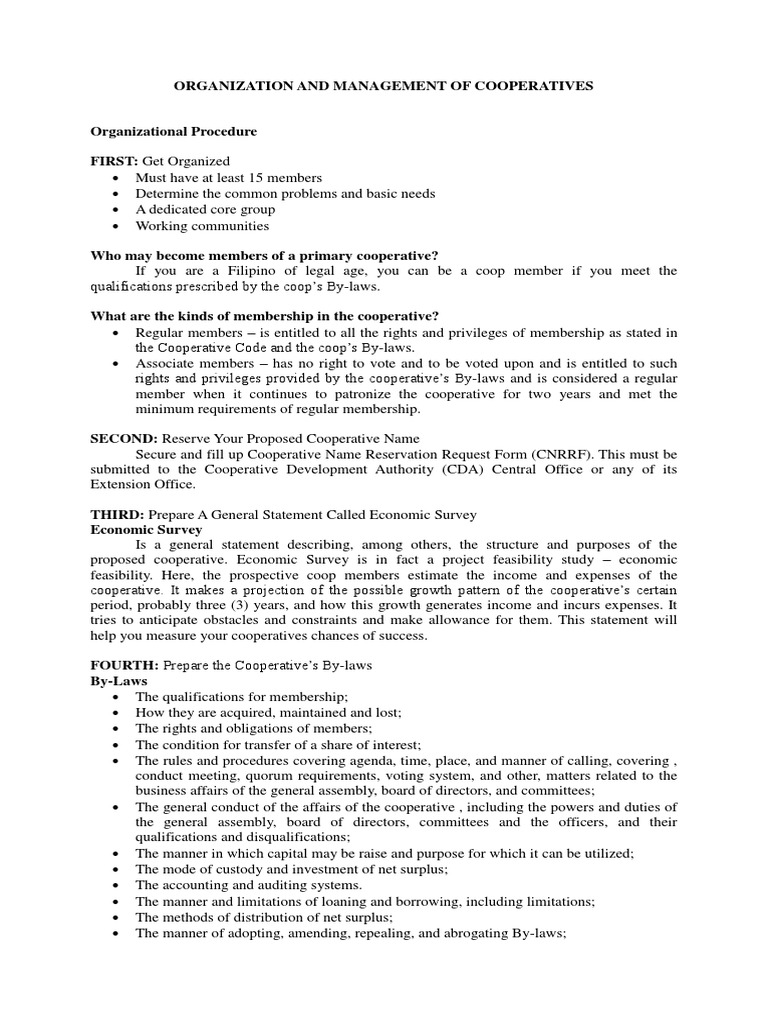 Organization and Management of Cooperatives Handout | PDF | Chairman ...
