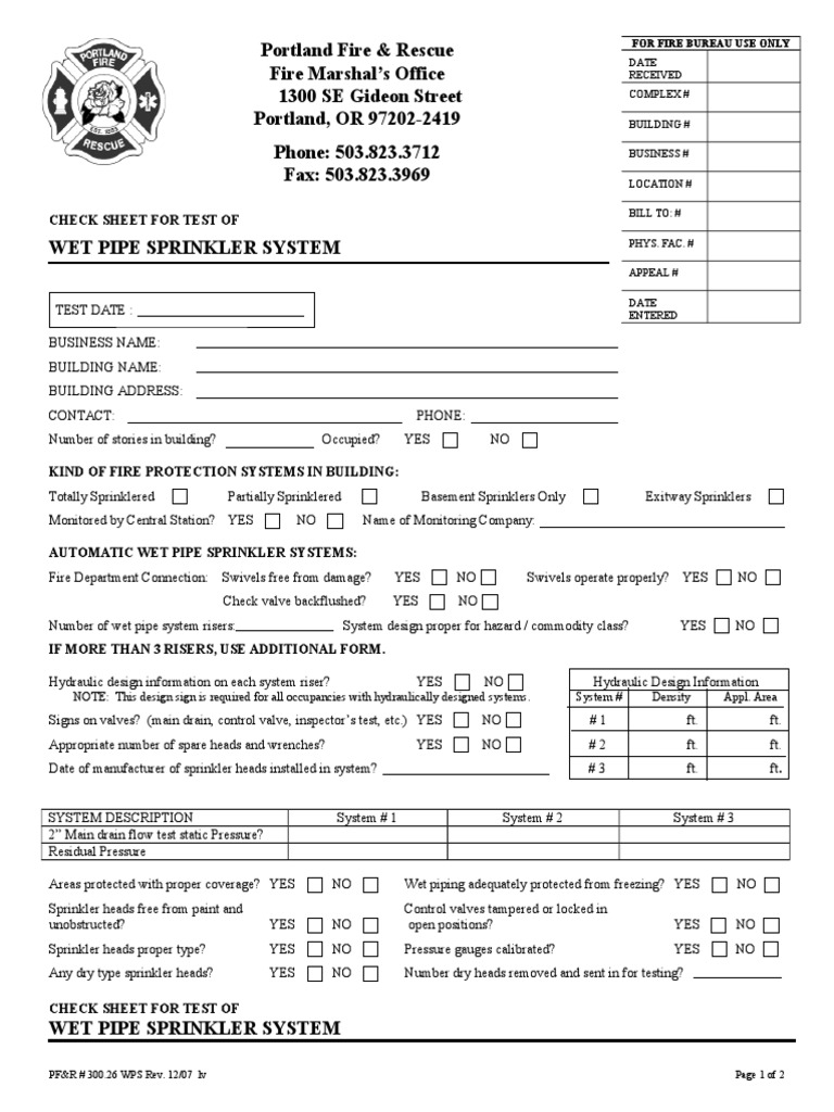300.26WPS Check Sheet for Test of Wet Pope Sprinkler Systems | Fire ...