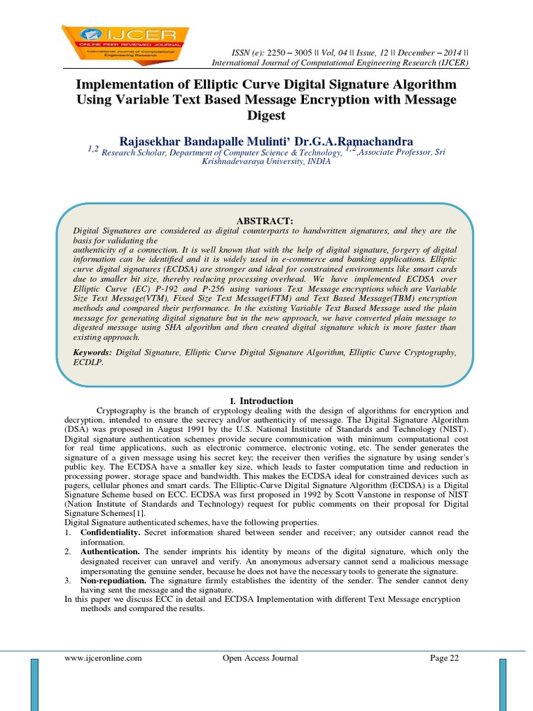 Implementation of Elliptic Curve Digital Signature Algorithm Using ...