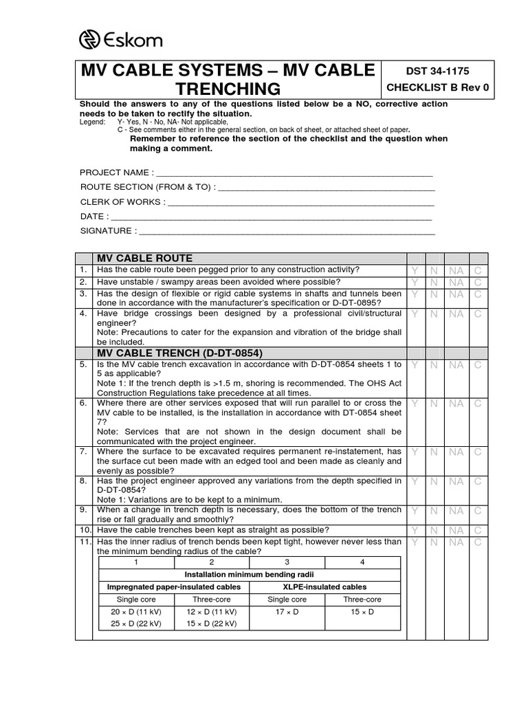 MV Cable Trenching Inspection Checklist | PDF | Excavation (Archaeology ...